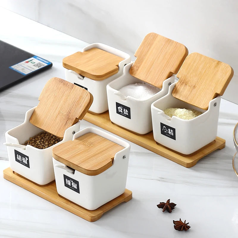 Bamboo-lidded Ceramic Spice Containers With Labels on Luulla